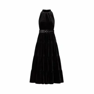 YUMI Velvet Halter Maxi Dress With Belt - Black