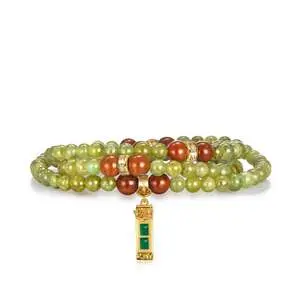 AUROZIA Five Elets Wood Vermeil Tsavorite Jade Life Tree With Flower Pendant Three Layered Crystal Bracelet & Necklace - Gold