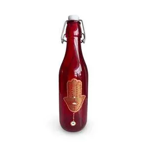 CASA DUNIYA Hand-painted Hamsa Evil Eye Artisan Swing-top Water Bottle – Crimson - Red