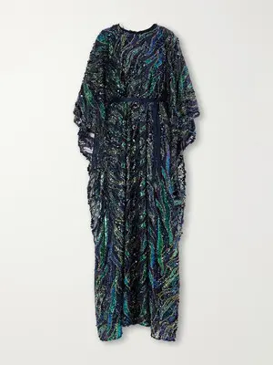 TALLER MARMO Firefly Belted Draped Sequined Tulle Gown - Multi