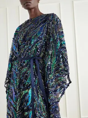TALLER MARMO Firefly Belted Draped Sequined Tulle Gown - Multi