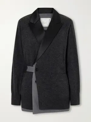 Sacai Layered Satin-trimmed Wool Cardigan - Gray