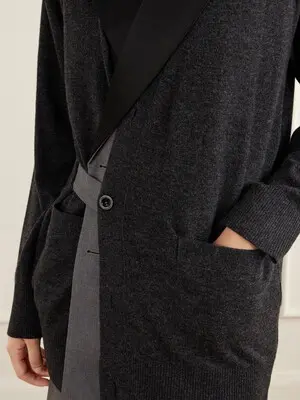 Sacai Layered Satin-trimmed Wool Cardigan