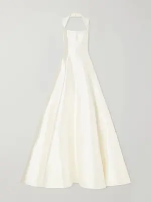 DANIELLE FRANKEL Liz Halterneck Beaded Wool And Silk-blend Twill Halterneck Gown - Neutrals