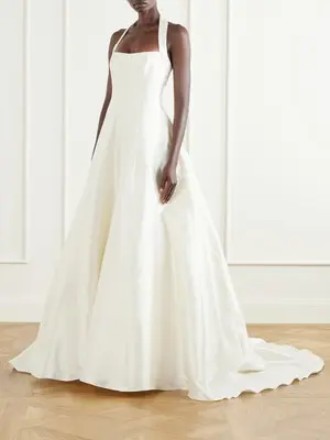 DANIELLE FRANKEL Liz Halterneck Beaded Wool And Silk-blend Twill Halterneck Gown