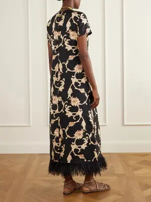 La DoubleJ Swing Floral-print Feather-trimmed Silk-satin Maxi Dress - Black
