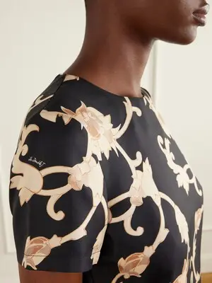 La DoubleJ Swing Floral-print Feather-trimmed Silk-satin Maxi Dress - Black