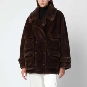 SWORD 6644 Dark Double-breasted Faux Fur Coat - Brown