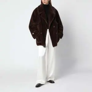 SWORD 6644 Dark Double-breasted Faux Fur Coat