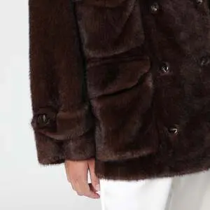 SWORD 6644 Dark Double-breasted Faux Fur Coat