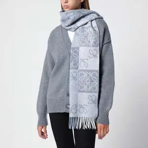 Loewe Blue/white Anagram Scarf In Wool And Cashmere