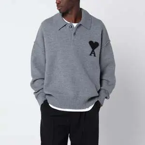 AMI Paris De Coeur Wool Polo Sweater - Grey