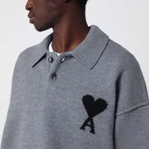 AMI Paris De Coeur Wool Polo Sweater - Grey