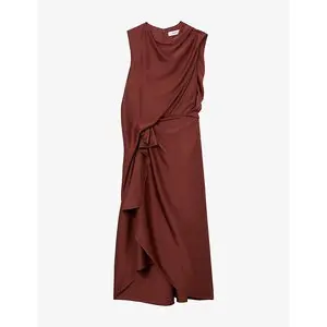 REISS Mabel Sleeveless Frill-detail Satin Midi Dress - Rust Orange