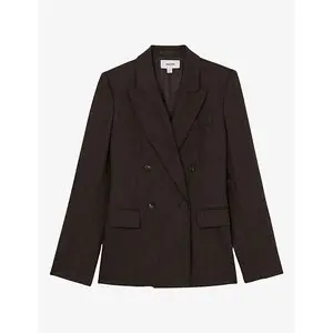 REISS Dawson Herringbone Double-breasted Stretch Wool-blend Blazer - Chocolate Brown