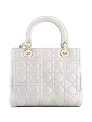 Dior Lady Dior Bag Cannage Quilt Metallic Leather Medium Satchel Grey
