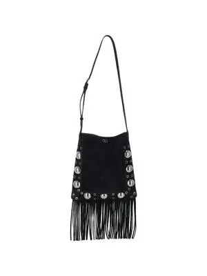 Valentino Garavani Medium Nellcôte Fringed Studded Leather Shoulder Bag - Black
