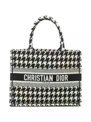 Dior 2010s Medium Book Tote Houndstooth Tote Bag - Black