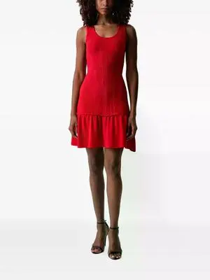 MORGAN Ribbed-knit Ruffled Mini Dress - Red