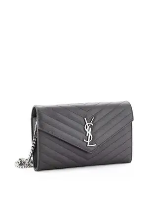 Saint Laurent Classic Monogram Wallet On Chain Matelasse Chevron Leather Medium Crossbody Bag - Grey