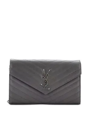 Saint Laurent Classic Monogram Wallet On Chain Matelasse Chevron Leather Medium Crossbody Bag Grey