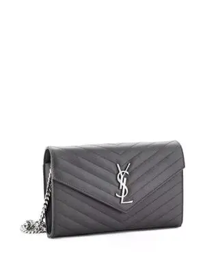 Saint Laurent Classic Monogram Wallet On Chain Matelasse Chevron Leather Medium Crossbody Bag - Grey