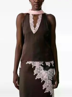NEVER FULLY DRESSED Lace-trim Scarf-detail Top - Brown