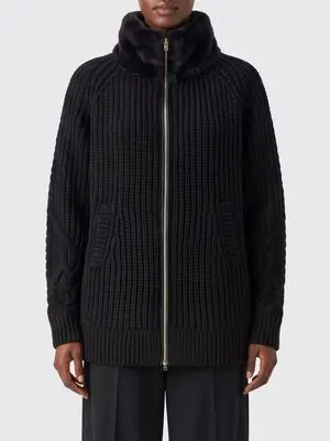 Herno Merino Wool Cardigan With Faux Fur Collar - Black