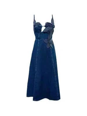 Farm Rio Floral-appliqué Denim Midi Dress - Blue