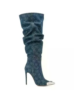 Philipp Plein Denim Boots Hi-heels Overknees Jacquard - Blue