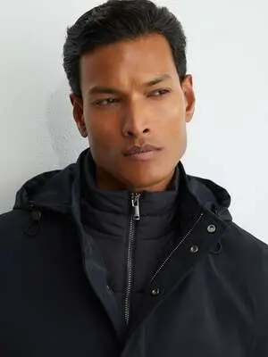 REISS Hybrid Gilet-insert Overcoat With Hood - Navy