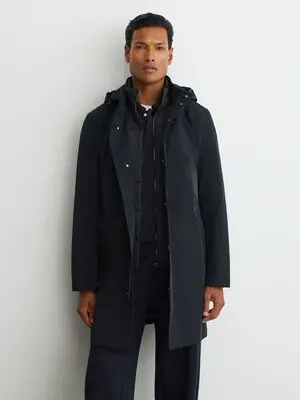 REISS Hybrid Gilet-insert Overcoat With Hood - Navy