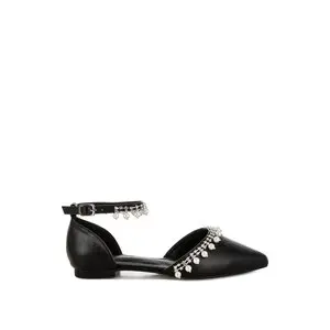RAG & CO Aouva Rhinestone & Pearl Ankle Strap Flat Sandals In By - Black