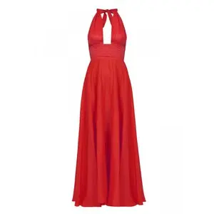 AVENUE 8 Draped Halter Neck Linen Maxi Dress - Red