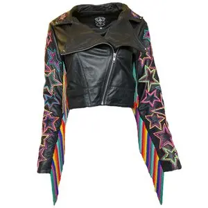 ANY OLD IRON Multicolor Fringetastic Leather Moto Jacket - Black