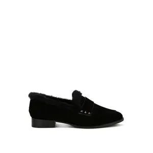 RAG & CO Allie Fur Trim Genuine Suede Loafers In By - Black