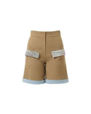 RONDOOZ Hand Painted Denim And Corduroy Shorts With Antique French Gobelin Tapestry & Hand Applied Embellisht - Brown