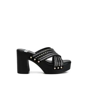 RAG & CO Finley Raffia High Block Heel Clogs In By - Black