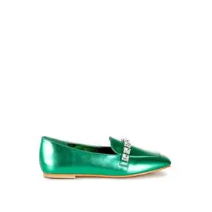 RAG & CO Celosia Metallic Diamante Strap Loafers In By - Green