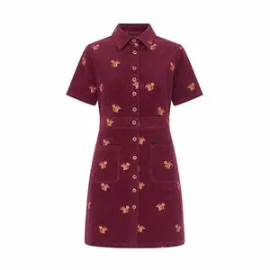 YUMI Burgundy Cord Shirt Dress With All Over Squirrel Embroidery - Red