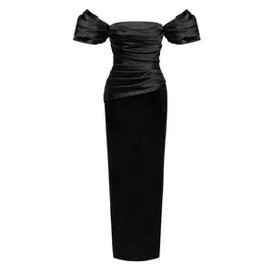 POST MERIDIEM Maxi Dress With Draped Bodice & Sleeves - Black
