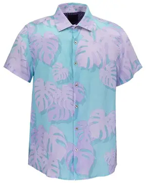 LORDS OF HARLECH Landon Monstera Floral Teal Linen Button-up Shirt - Blue