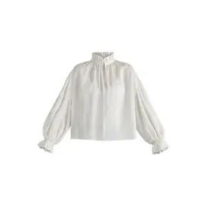 PAISIE Ruffle Neck Lyocell Blouse With Smocked Cuffs - White