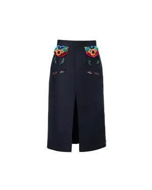 RONDOOZ Hand Painted Satin Midi Skirt With Antique French Gobelin Tapestry & Hand Applied Embellisht - Black
