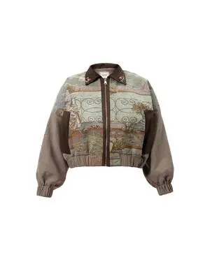 RONDOOZ Hand Painted Velvet Bomber Jacket With Antique French Gobelin Tapestry & Hand Applied Embellisht - Brown