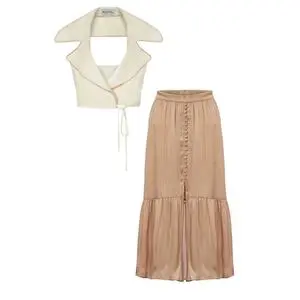 WOMEN & WOMEN Neutrals/ Marine Bias Detail, Sleeveless Wrap Shirt And Hermosa Slit, Long, Buttoned, Satin Skirt - White