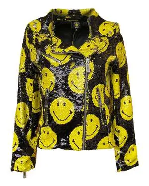 ANY OLD IRON Black / Yellow Yellow Smiley Reversible Sequin Moto Jacket - Black/yellow