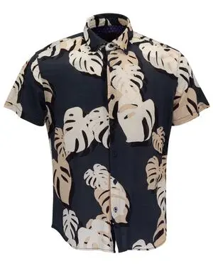LORDS OF HARLECH Tobias Monstera Floral Smoke Merino Wool Button-up Shirt - Black