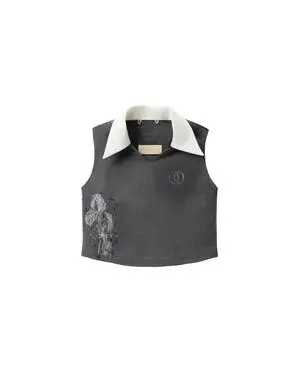 RONDOOZ Hand Painted Twill Top With Detachable Collar & Hand Applied Embellisht - Grey