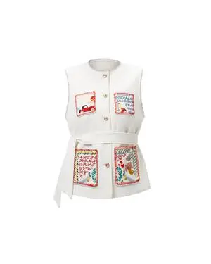 RONDOOZ Hand Painted Vest In Crepe With Antique French Gobelin Tapestry & Hand Applied Embellisht - White